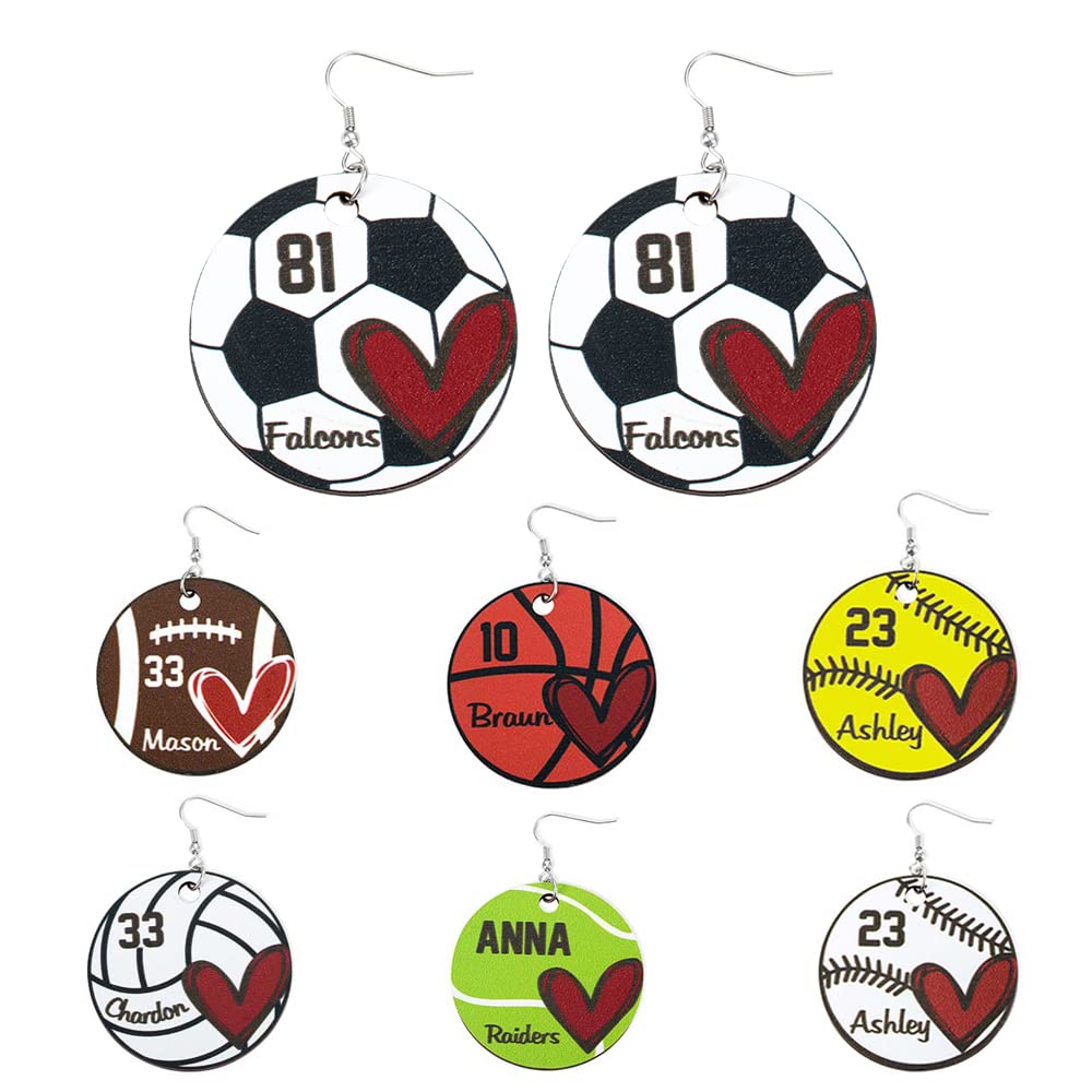 Custom Football Earrings for Women Cute Softball Earrings Lightweight Basswood Personalized Name Number Sport Drop Dangle Earrings Baseball Basketball Volleyball Tennis Soccer Gifts For Mom