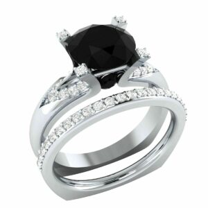 14k white gold over round cut black & white diamond engagement bridal ring set in 925 sterling silver for women's