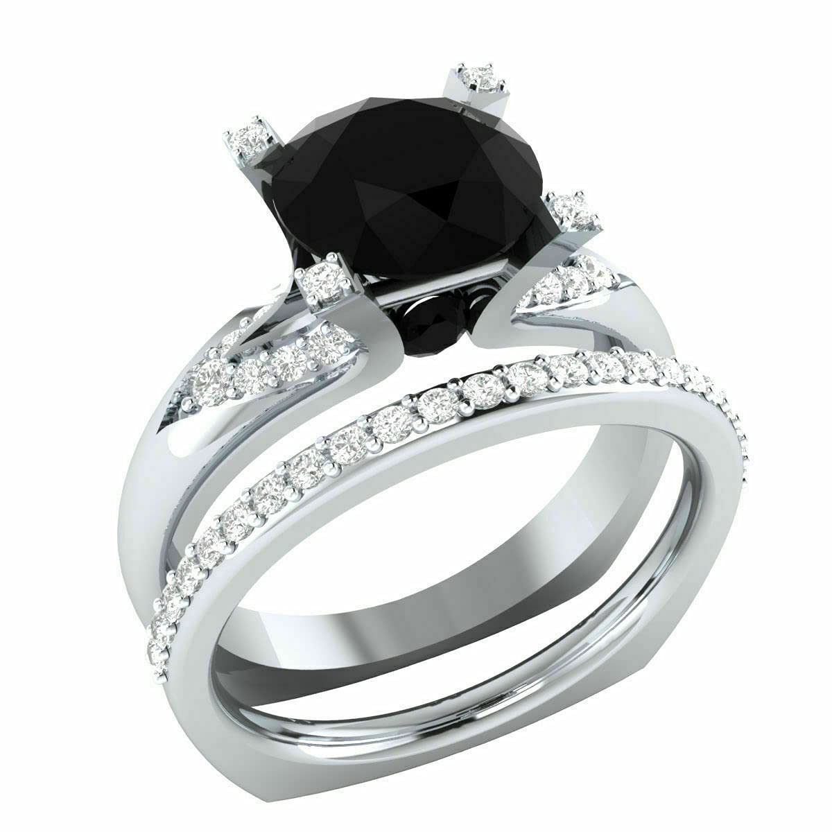 14K White Gold Over Round Cut Black & White Diamond Engagement Bridal Ring Set in 925 Sterling Silver for Women's