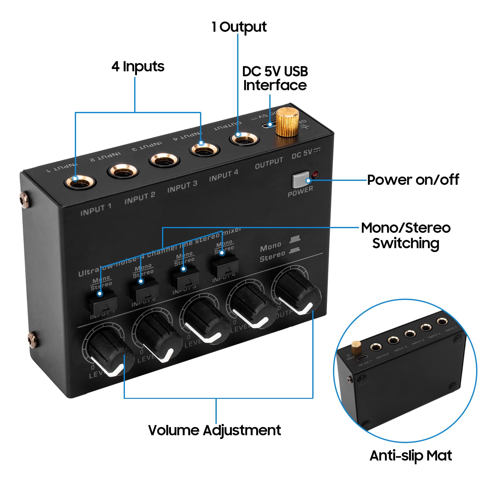 Btuty Ultra Low Noise 4 Channel Line Stereo Mixer 4 Input 1 Output DC 5V Portable Mini Audio Mixer Microphone Guitar Bass Keyboard Mixers for Club Bar Stage Studio