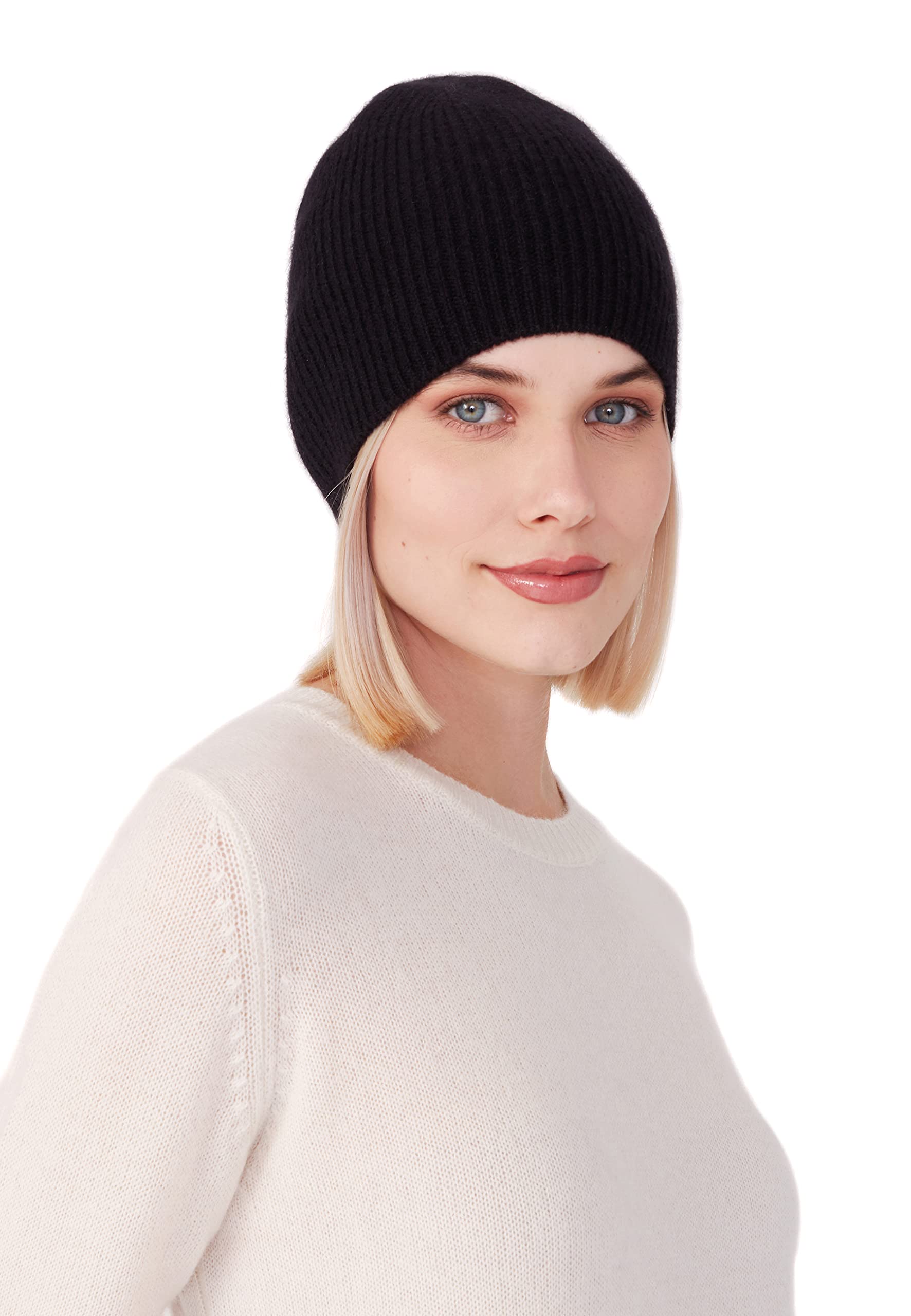 Style Republic Women’s Ribbed Beanie, 100% Cashmere, Soft & Stretchy, Warm Hat for Winter (Black)