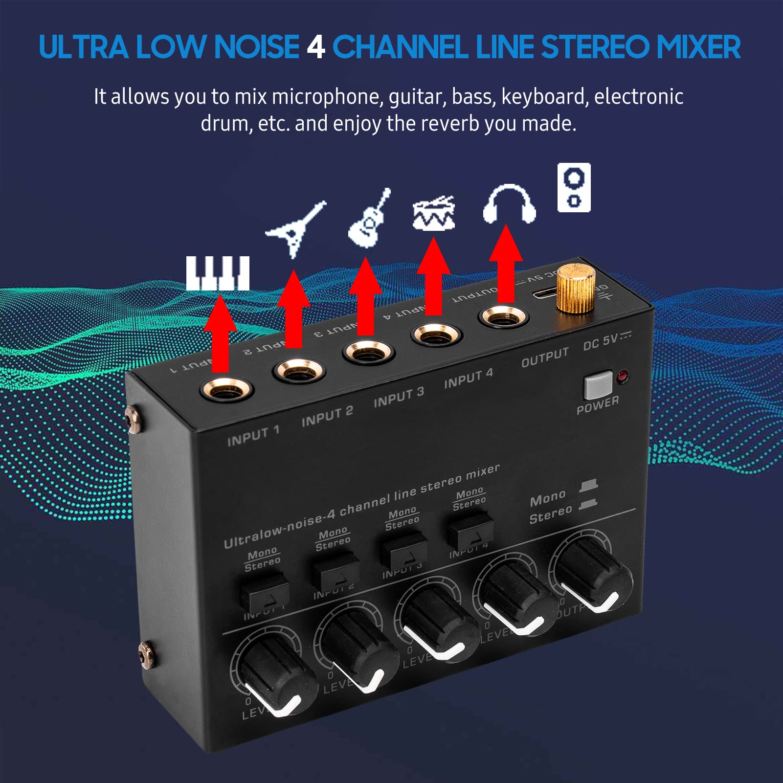 Btuty Ultra Low Noise 4 Channel Line Stereo Mixer 4 Input 1 Output DC 5V Portable Mini Audio Mixer Microphone Guitar Bass Keyboard Mixers for Club Bar Stage Studio