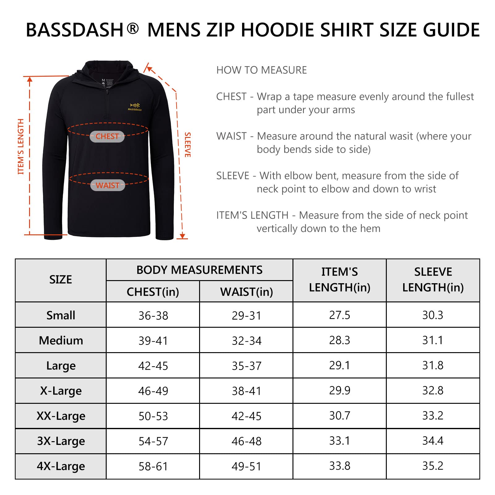 BASSDASH Men’s UPF 50+ 1/4 Zip Fishing Hoodie Shirt Quick Dry Performance Long Sleeve Sun Protection FS24M Black