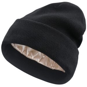 naivlizer slouchy satin lined beanie for men and women winter beanie cable thick chunky cuff beanie hat, black classic