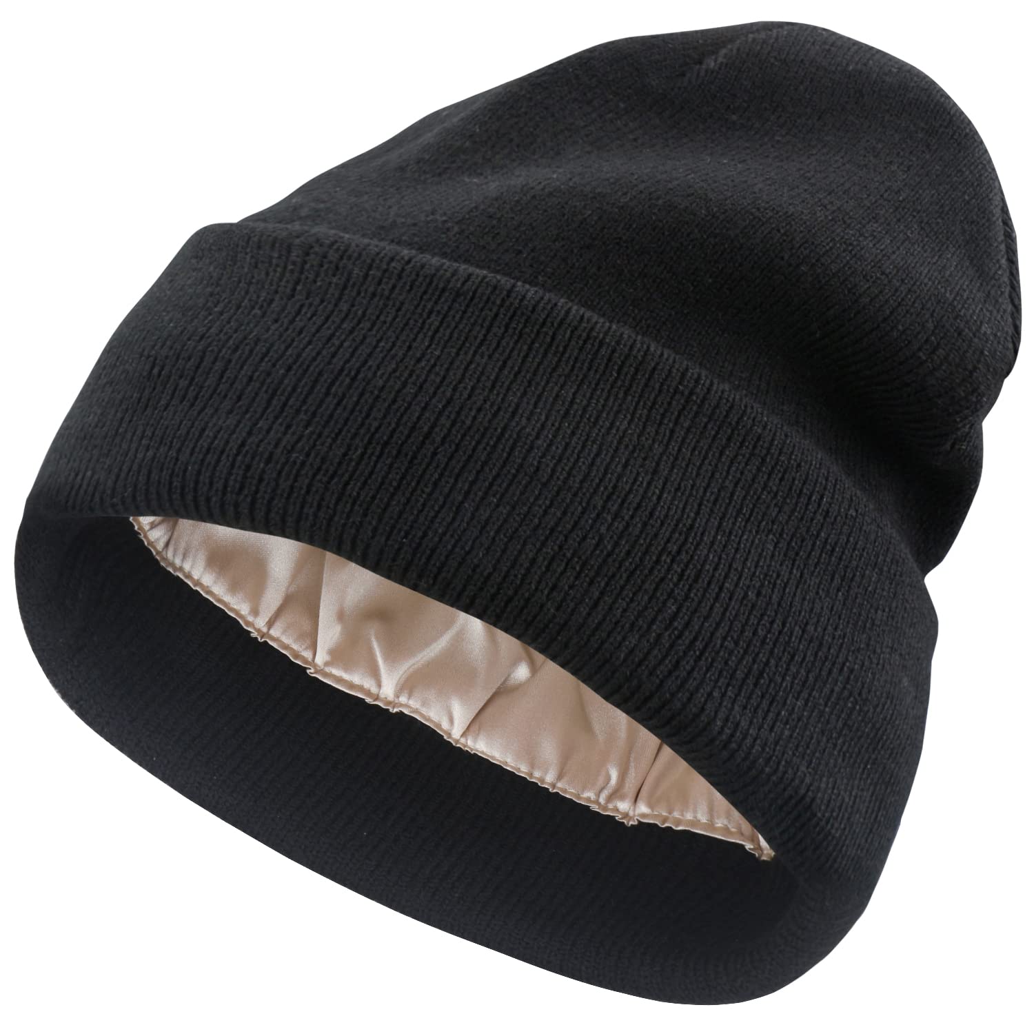 Naivlizer Slouchy Satin Lined Beanie for Men and Women Winter Beanie Cable Thick Chunky Cuff Beanie Hat, Black Classic