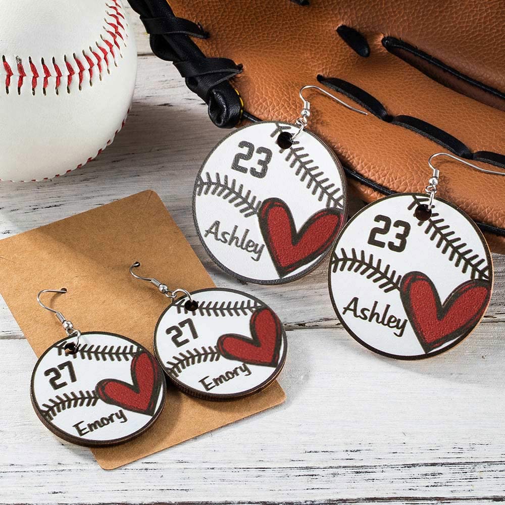 Custom Football Earrings for Women Cute Softball Earrings Lightweight Basswood Personalized Name Number Sport Drop Dangle Earrings Baseball Basketball Volleyball Tennis Soccer Gifts For Mom