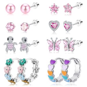 jstyle 8 pairs hypoallergenic screw back earrings for girls women 316l stainless steel heart cz flower butterfly screwback stud earrings cute hoop earring set-butterfly style