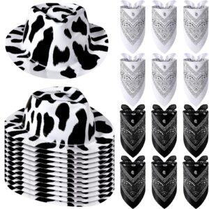 haysandy 24 pcs cow print cowgirl hats cowboy hats bulk with bandana felt cow party hats for women men western costume party (black)