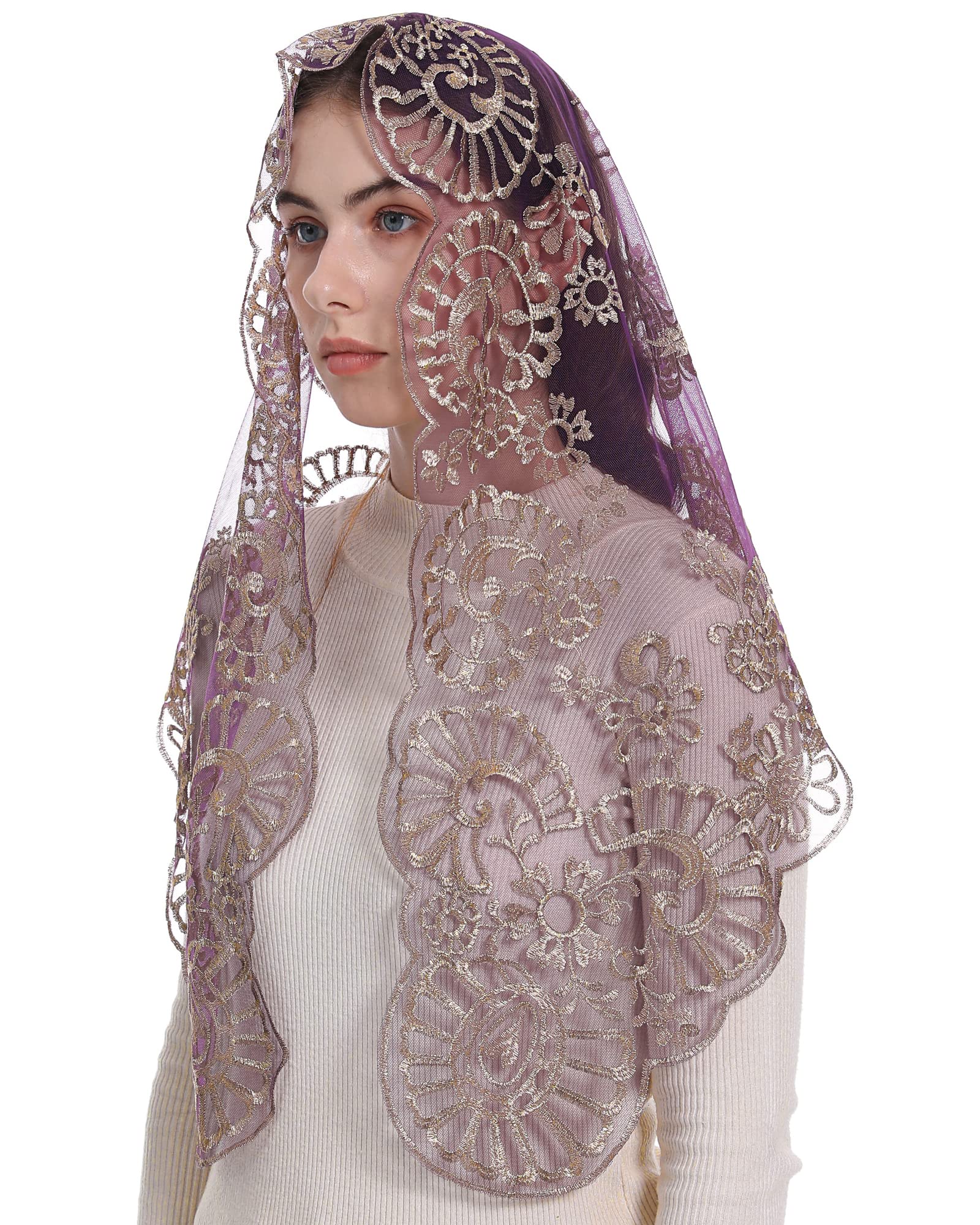 Bozidol Triangle Church Mantilla Veil Catholic Mass Chapel Lace Veil Religious Christian Gift for Women (Purple-Gold)