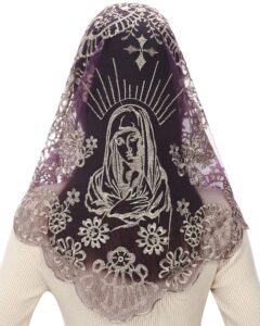 bozidol triangle church mantilla veil catholic mass chapel lace veil religious christian gift for women (purple-gold)