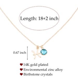 TGOLM 14k Gold Plated Pisces Sign March Birthstone Created-aquamarine Crystal Necklace for Women Birthday Gift