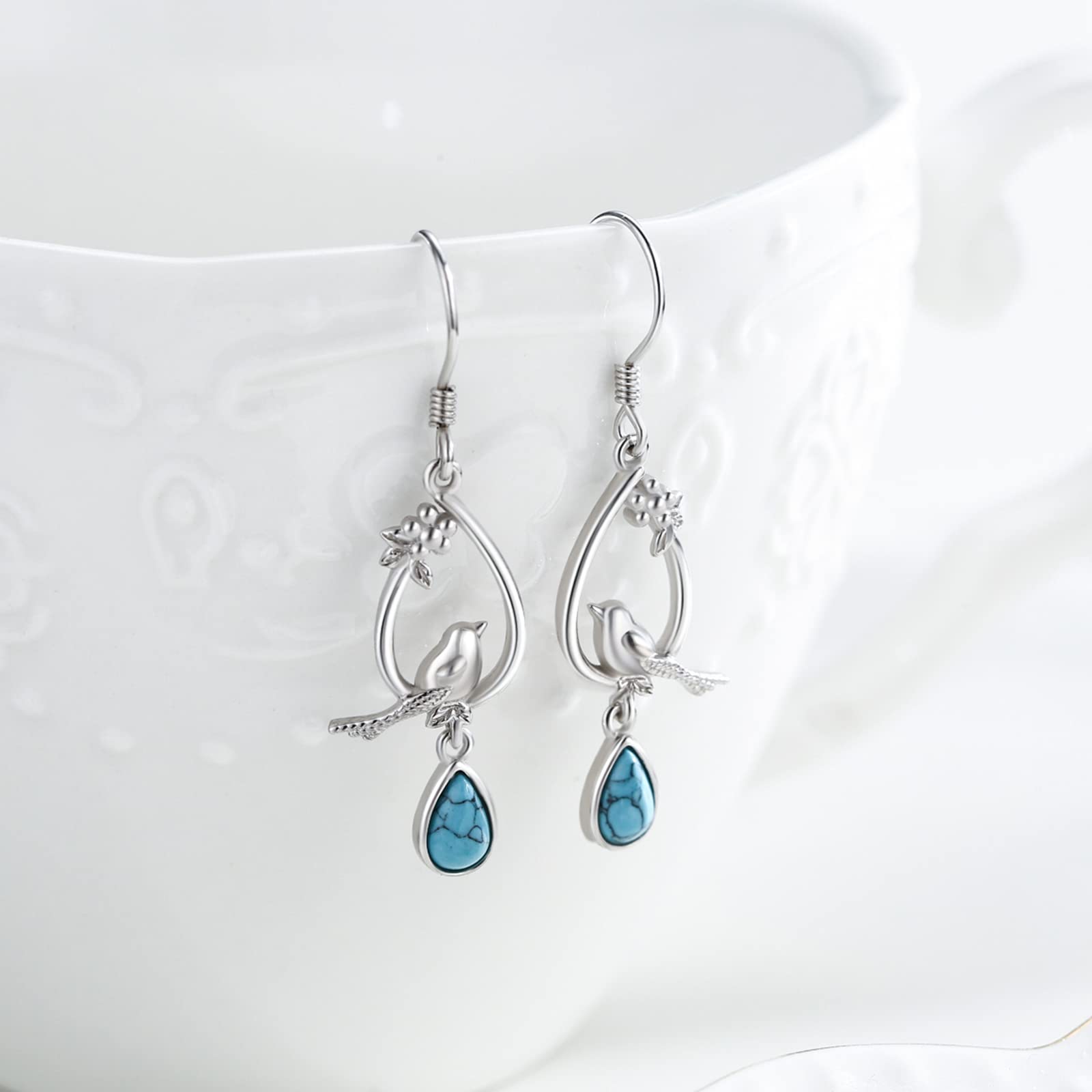 AOVEAO Hummingbird Earrings 925 Sterling Silver Turquoise Birds Drop Dangle Earrings Birds Teardrop Earrings Jewelry for Women