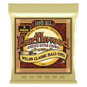 ernie ball folk nylon clear & gold ball-end 80/20 bronze acoustic guitar strings 3-pack, 28-42 gauge (p03069)