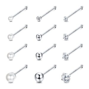 sllaiss 12pcs sterling silver nose rings studs for women multiple styles tiny ball pearl cz nose studs nose piercing jewelry 1.5mm 2mm 2.5mm 3mm