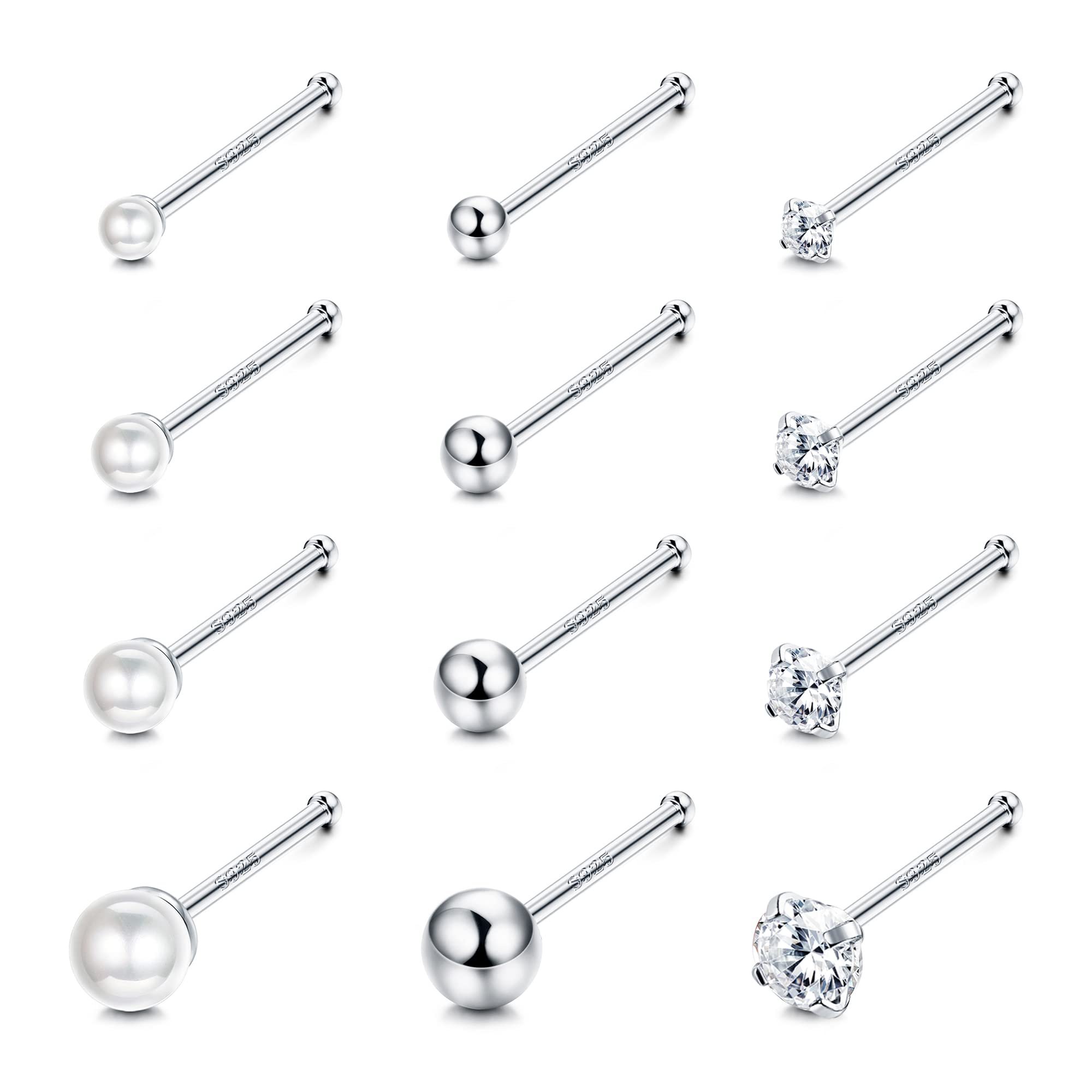 Sllaiss 12Pcs Sterling Silver Nose Rings Studs for Women Multiple Styles Tiny Ball Pearl CZ Nose Studs Nose Piercing Jewelry 1.5mm 2mm 2.5mm 3mm