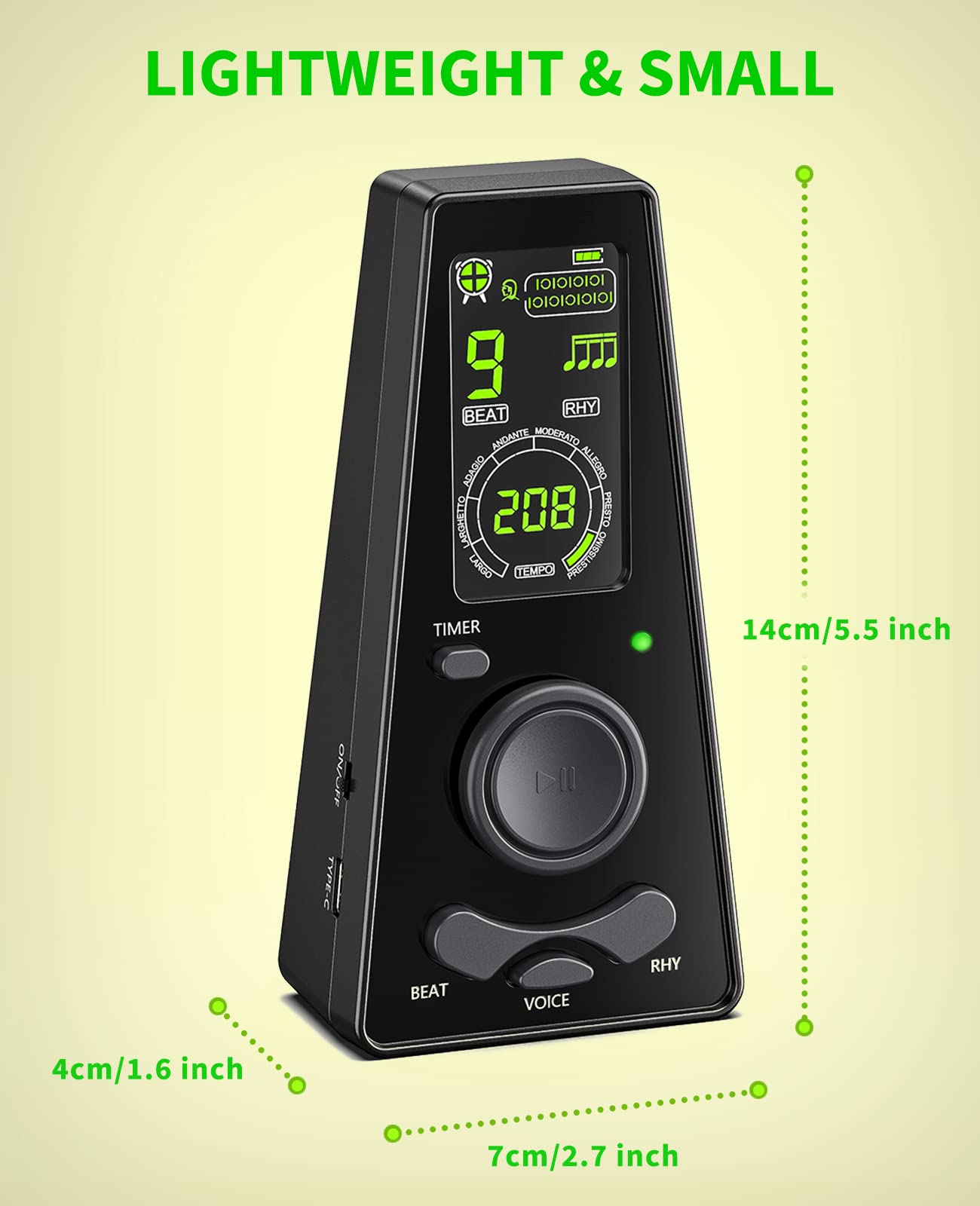 Electronic Digital Metronome with Timer for Guitar, Piano, Violin, Ukulele Practice, Advanced Universal Metronome with Tempo Knob, Vocal Counts, Type C and Timing