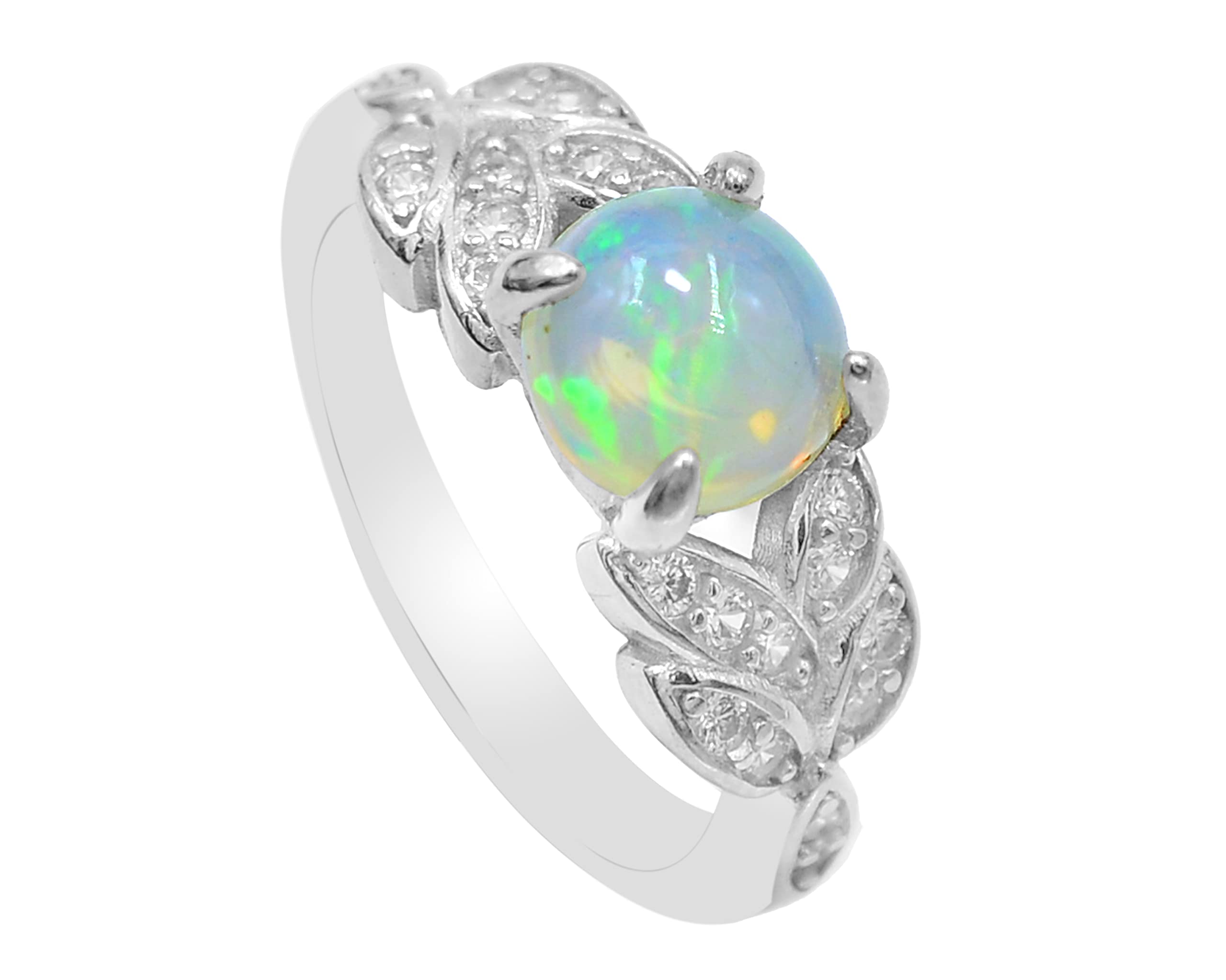 8 MM Natural Rainbow Fire Ethiopian Opal Cabochon Ring 925 Sterling Silver October Birthstone Solitaire Ring Opal Jewelry Birthday Gift For Wife (Sterling Silver, 11.5 US)