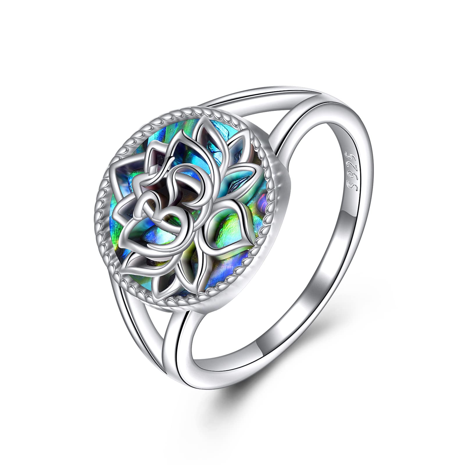 CUPENDA Lotus Flower Ring Sterling Silver Om Yoga Promise Rings Abalone Shell Inspirational Flower Jewelry Gift for Women (7)