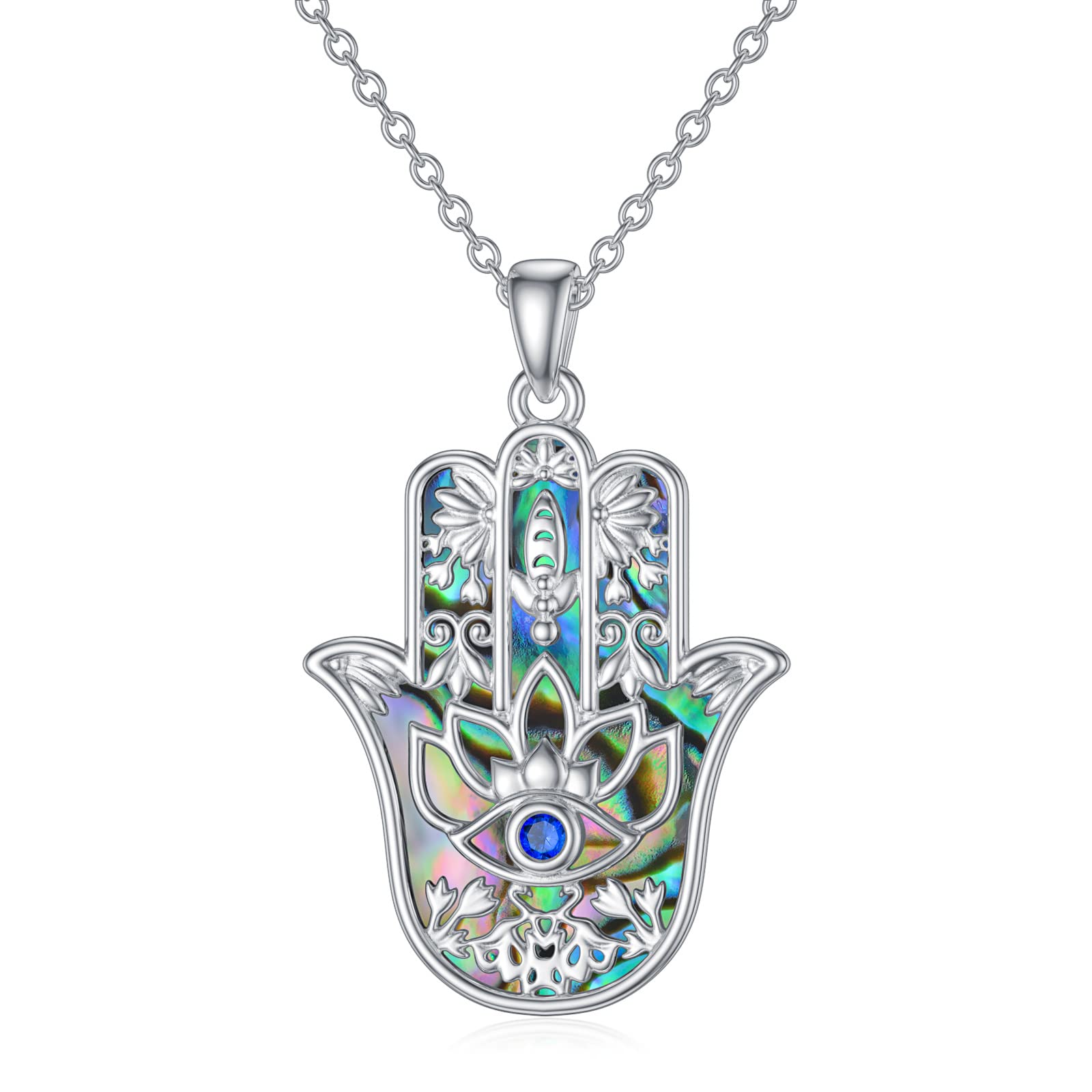 PROESS Hamsa Hand Evil Eye Necklace Sterling Silver Lotus Flower Pendant Hand of Fatima Jewelry For Women Men