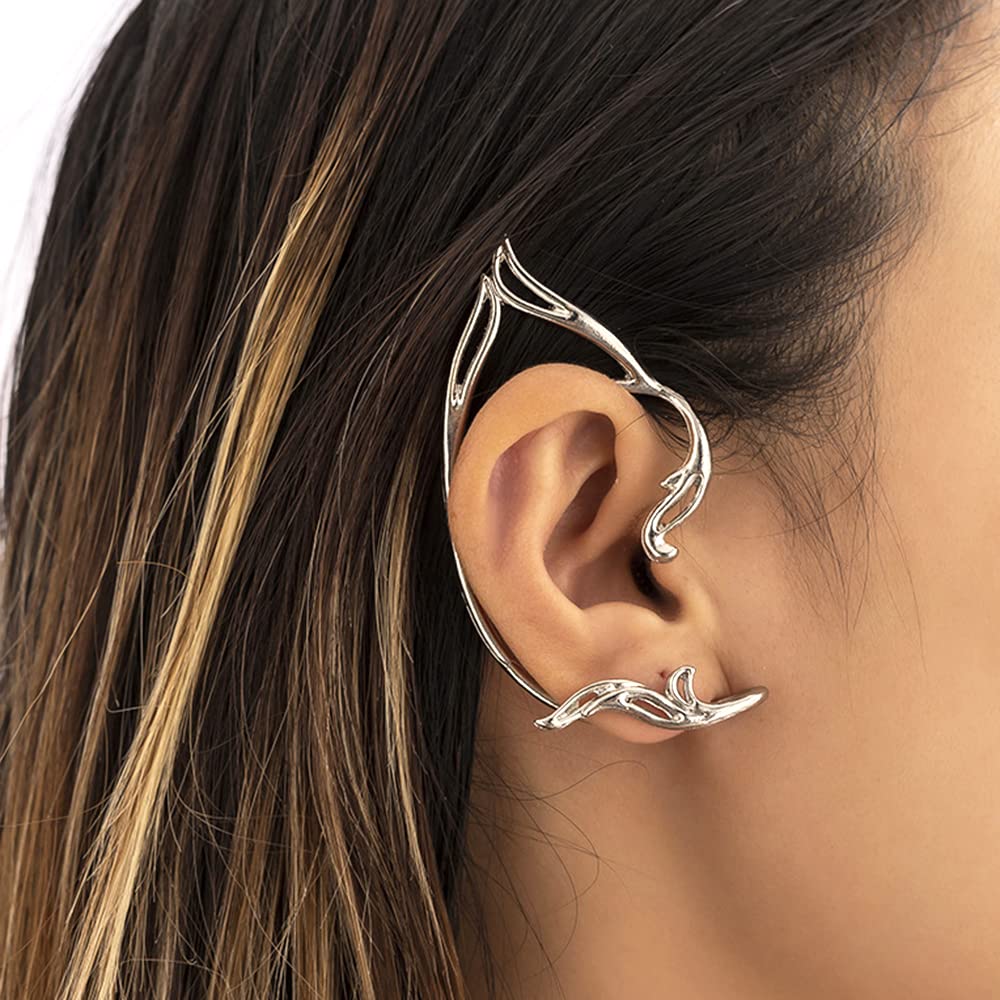 Wiwpar 2PCS Gothic Elves Ear Cuffs Simple Non-Pierced Cosply Cat Ear Wrap Statement Jewely for Halloween Easter Elf Hollow Cartilage Climber Earrings Trendy Retro Punk Elf Clip Earrings for Teen Girls