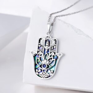 PROESS Hamsa Hand Evil Eye Necklace Sterling Silver Lotus Flower Pendant Hand of Fatima Jewelry For Women Men