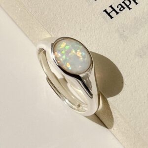 Oval Opal Sterling Silver S925 Open Ring Fire Birthstone Adjustable Stacking Wedding Engagement Eternity Promise Finger Bands Expand Statement Rings for Women Teen Girls Bride Girlfriend Fashion