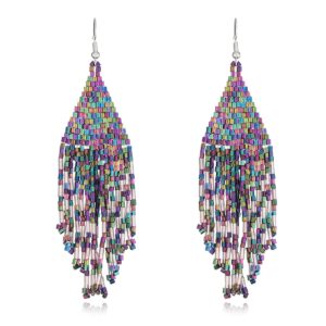 color boho rice beads tassel earrings.multicolor long beaded dangle earrings handmade woven drop earrings jewelry gifts for women (colorful)