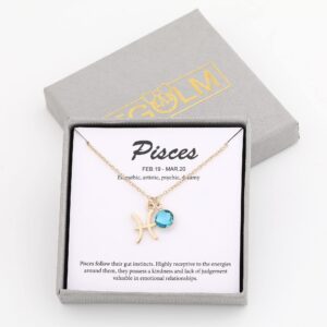 TGOLM 14k Gold Plated Pisces Sign March Birthstone Created-aquamarine Crystal Necklace for Women Birthday Gift