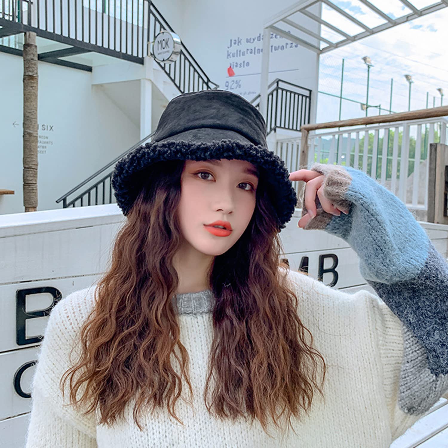 Peicees Winter Fluffy Bucket Hat for Women Girls Fuzzy Warm Bucket Hat with Faux Fur for Kids Reversible Fisherman Cap Black