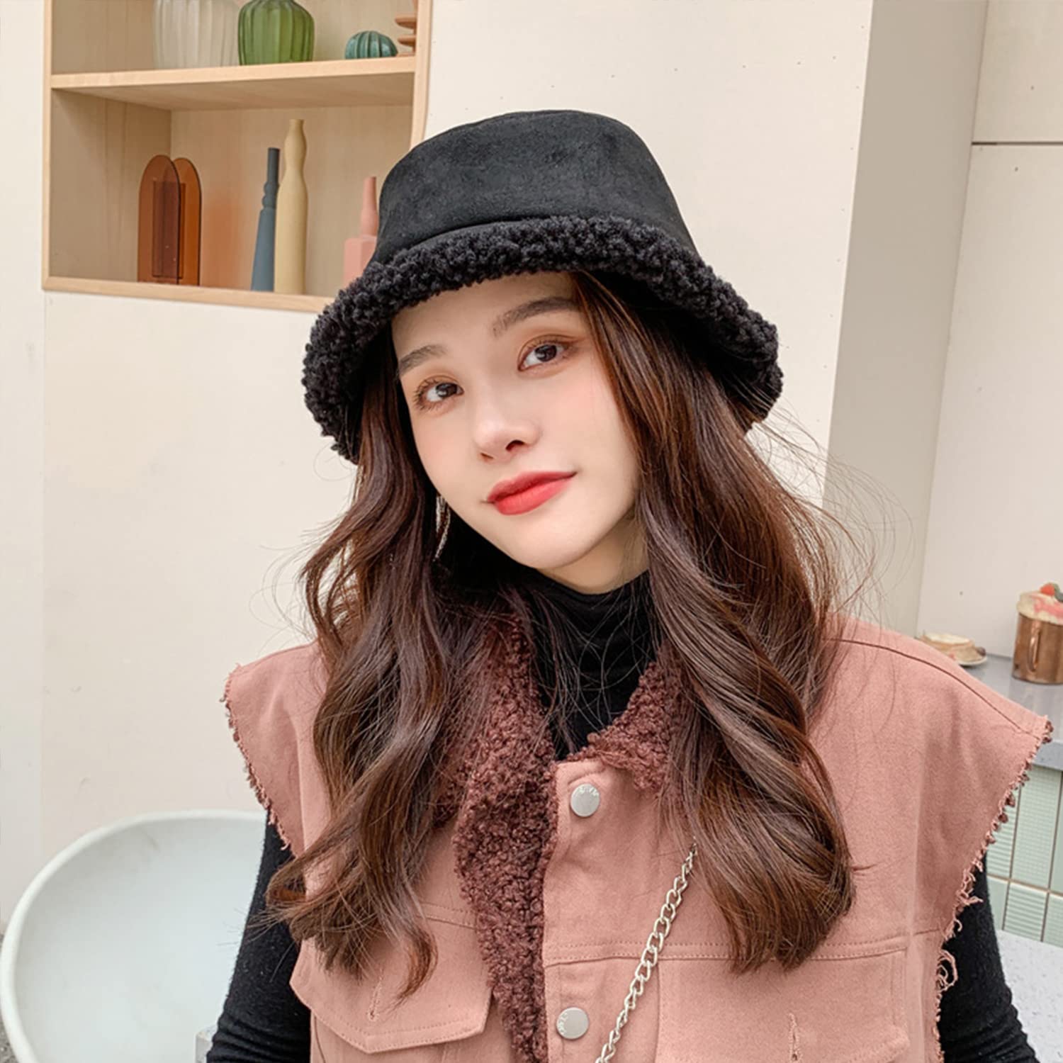 Peicees Winter Fluffy Bucket Hat for Women Girls Fuzzy Warm Bucket Hat with Faux Fur for Kids Reversible Fisherman Cap Black