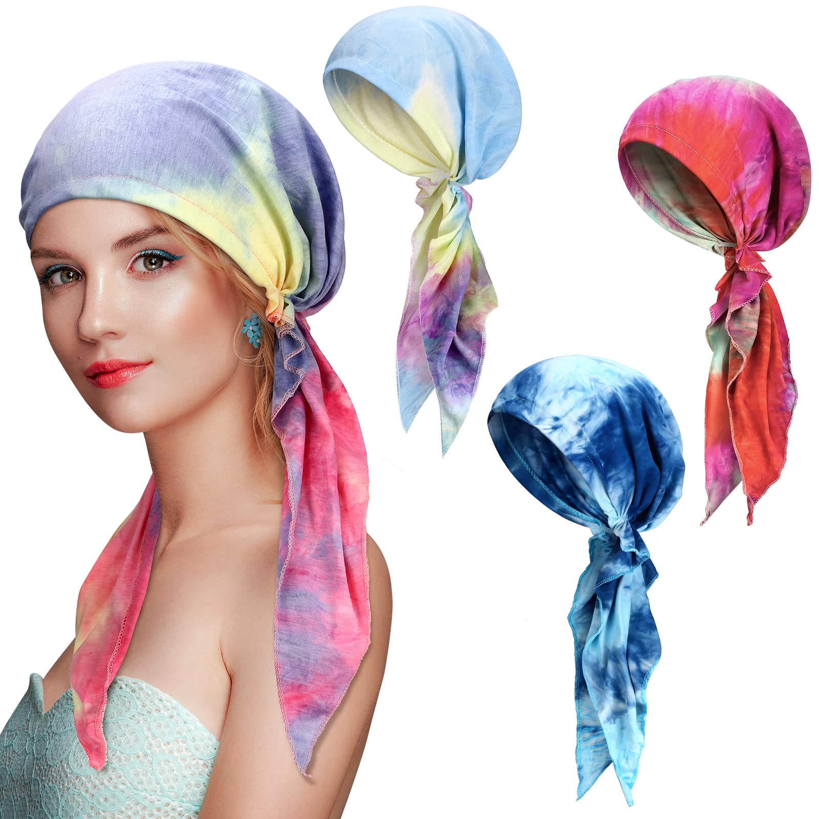 Sintege 4 Pcs Women Head Scarf Pre Tied Chemo Caps Slip on Turban Headwear Cancer Head Wraps Beanie Hat Bandana(Tie Dye Style)