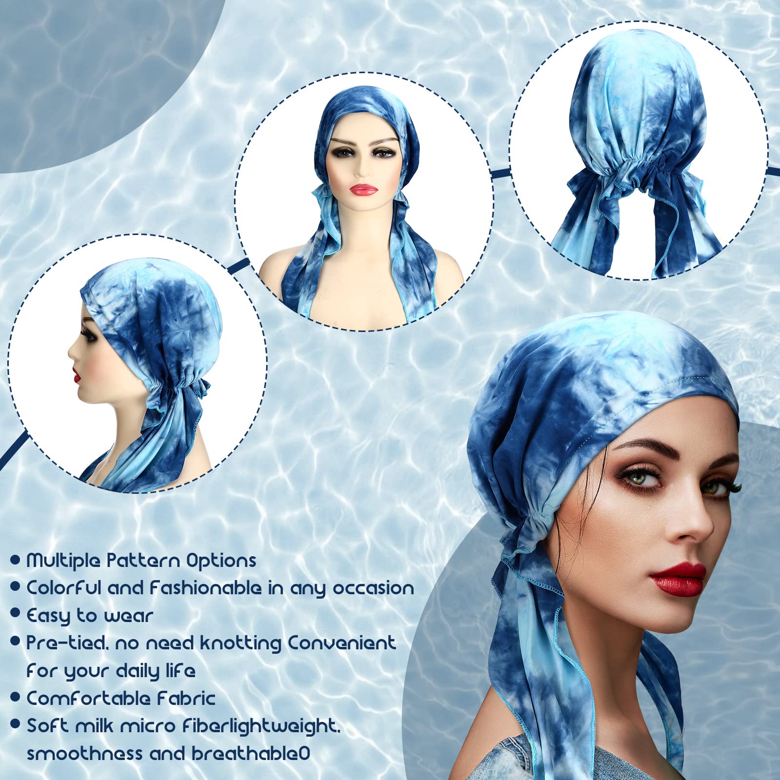 Sintege 4 Pcs Women Head Scarf Pre Tied Chemo Caps Slip on Turban Headwear Cancer Head Wraps Beanie Hat Bandana(Tie Dye Style)