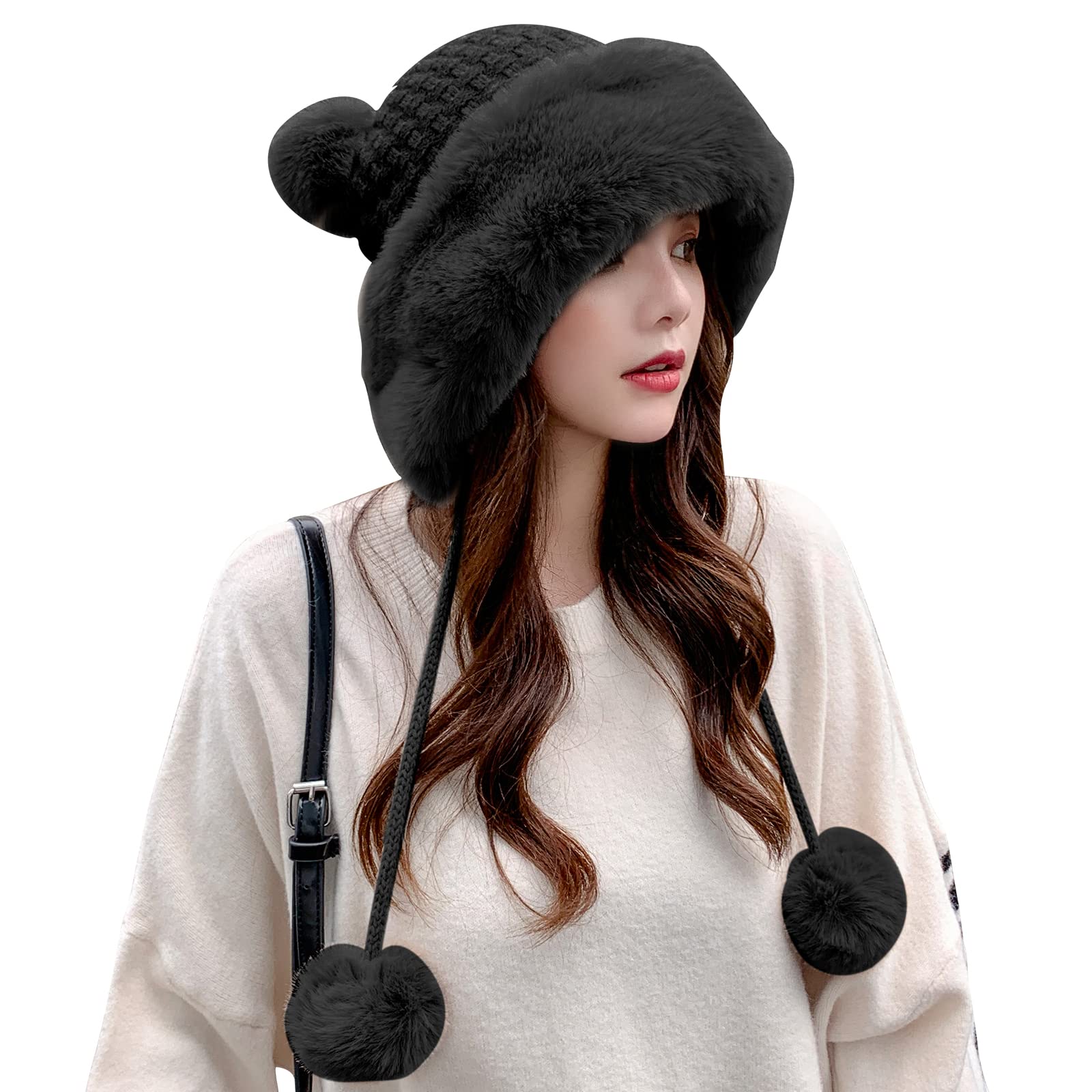 Peicees Winter Beanie Hats for Women Warm Knit Skull Cap Fur Hat with Pompom Russian Ushanka Trapper Hat Ear Cover Black