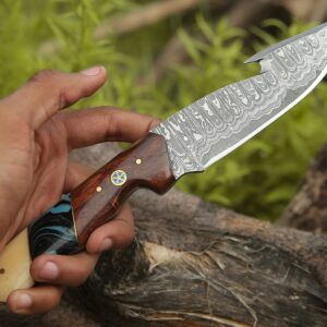 SHOKUNIN USA CaptainHook Hunting Knife High Carbon Steel Damascus Fixed Blade Full Tang Survival Tactical Knife with Sheath and Non-Slip Ergonomic Handle for Outdoor Camping