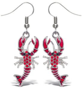 aqua79 red lobster silver dangle earrings - fashion jewelry rhinestone earring hook silver jewelry, zinc alloy fish hook earrings, cute earrings perfect summer accessories for women - 1 inch