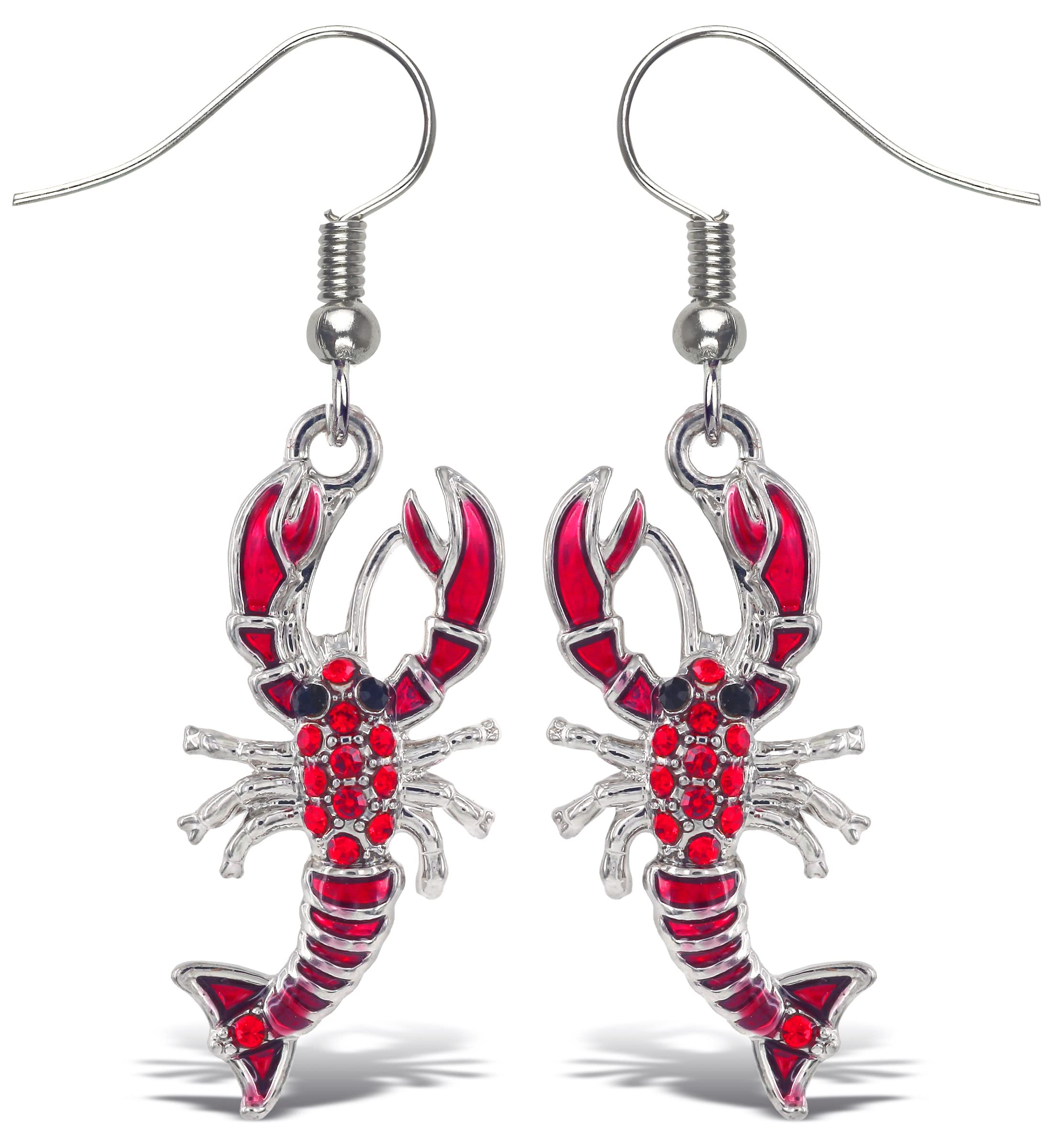 Aqua79 Red Lobster Silver Dangle Earrings - Fashion Jewelry Rhinestone Earring Hook Silver Jewelry, Zinc Alloy Fish Hook Earrings, Cute Earrings Perfect Summer Accessories for Women - 1 Inch