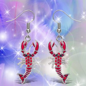 Aqua79 Red Lobster Silver Dangle Earrings - Fashion Jewelry Rhinestone Earring Hook Silver Jewelry, Zinc Alloy Fish Hook Earrings, Cute Earrings Perfect Summer Accessories for Women - 1 Inch