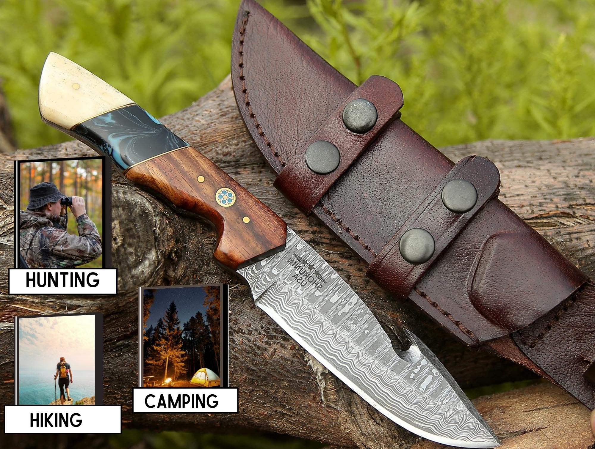 SHOKUNIN USA CaptainHook Hunting Knife High Carbon Steel Damascus Fixed Blade Full Tang Survival Tactical Knife with Sheath and Non-Slip Ergonomic Handle for Outdoor Camping