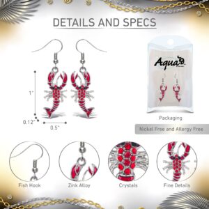 Aqua79 Red Lobster Silver Dangle Earrings - Fashion Jewelry Rhinestone Earring Hook Silver Jewelry, Zinc Alloy Fish Hook Earrings, Cute Earrings Perfect Summer Accessories for Women - 1 Inch