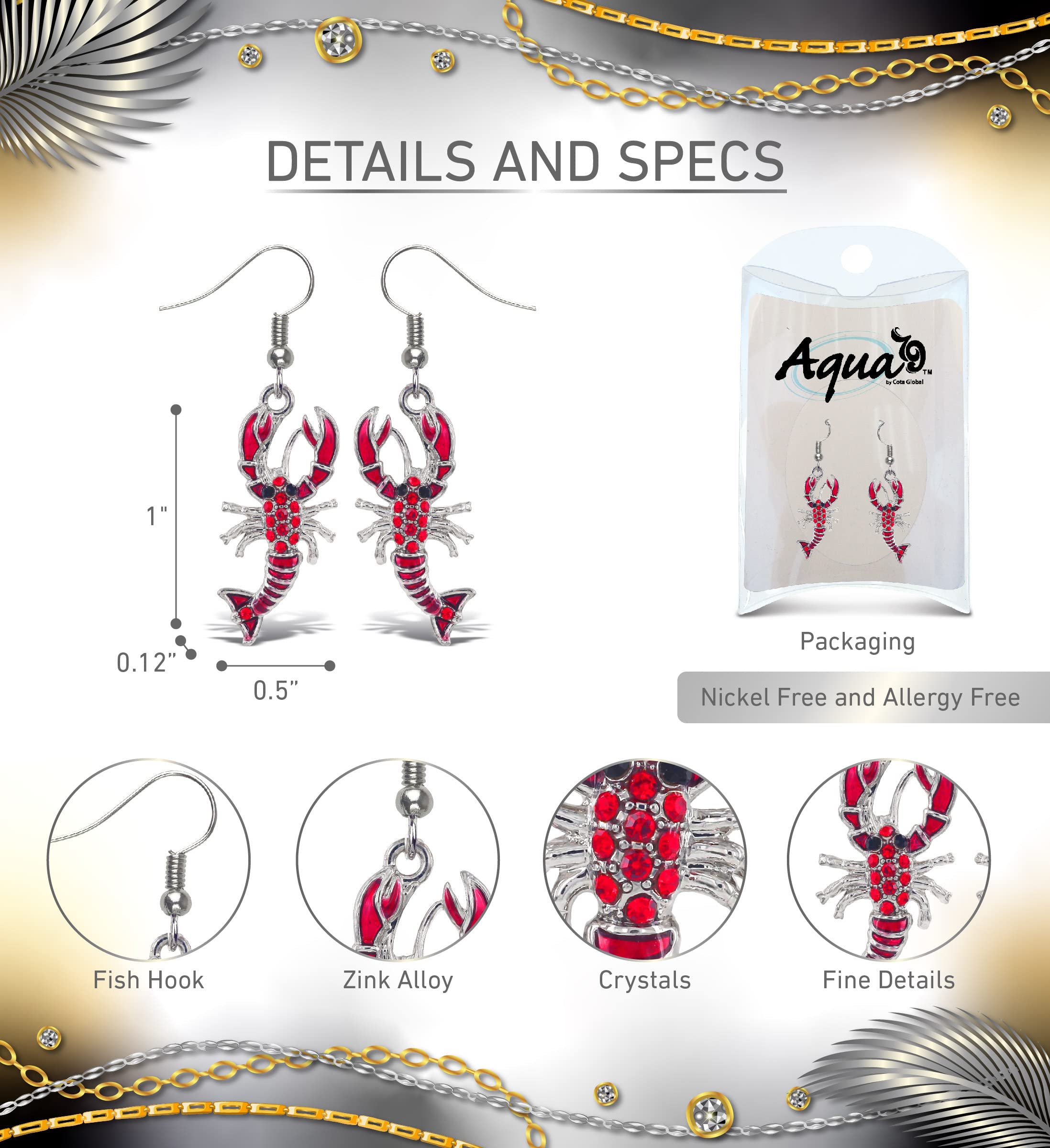 Aqua79 Red Lobster Silver Dangle Earrings - Fashion Jewelry Rhinestone Earring Hook Silver Jewelry, Zinc Alloy Fish Hook Earrings, Cute Earrings Perfect Summer Accessories for Women - 1 Inch