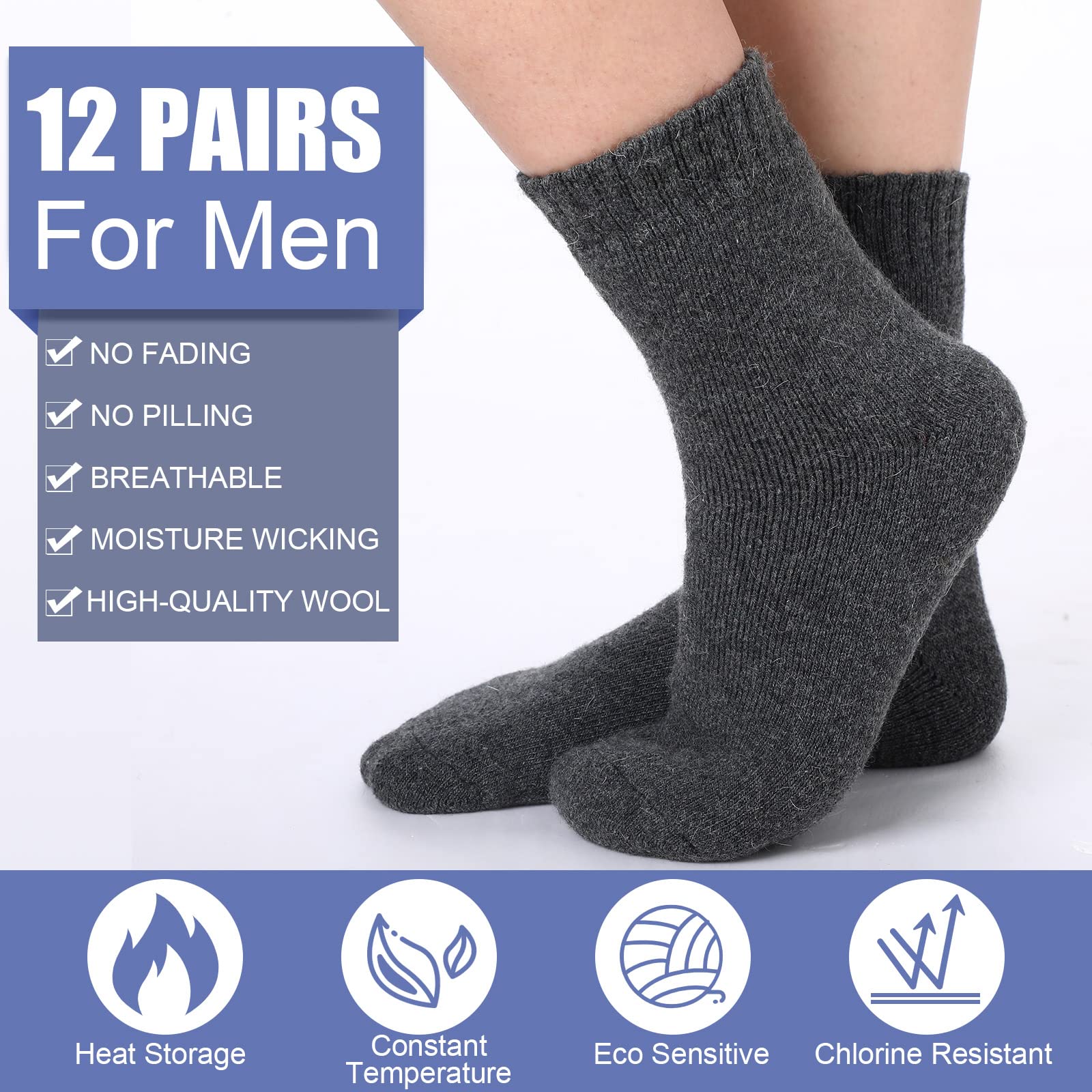 Janmercy 12 Pairs Thermal Socks for Men Wool Blended Thick Socks Winter Hiking Warm Boot Crew Socks for Cold Weather Mens Cozy Gift