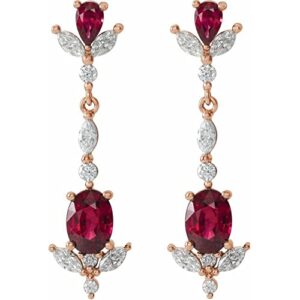 14k rose gold genuine oval & pear shaped ruby & 3/4 ct diamond 1-3/8" long dangle drop earring pair