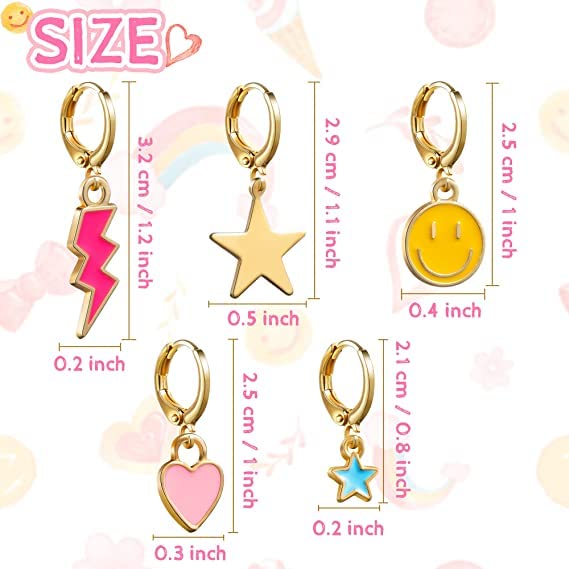 9 pairs /18 pairs, college style earrings, fashion personality earrings, smile heart star lightning and colorful pendant, make you look more vibrant, energetic, young.（age：over 3 years old）