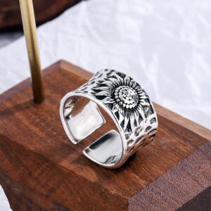 Wide Sunflower Band Ring,S925 Sterling Silver Adjustable Open Daisy Flower Floral Thumb Band Ring for Women (Ring_2PCS, Adjustable)