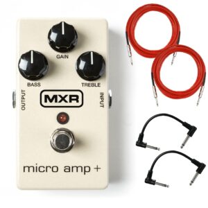 mxr m233 micro amp + guitar effects pedal bundle with 2 instrument cables and 2 patch cables