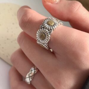 Wide Sunflower Band Ring,S925 Sterling Silver Adjustable Open Daisy Flower Floral Thumb Band Ring for Women (Ring_2PCS, Adjustable)