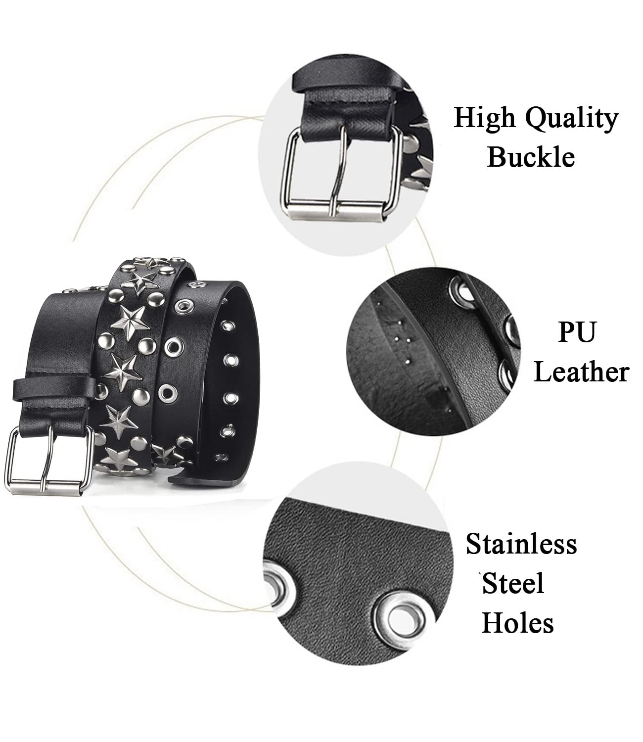 HABUAETY Studded Belt Women Y2K Spike Star Belts Star Black Girl Woman Stud Punk Waist Belt for Halloween Cosplay