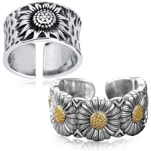 wide sunflower band ring,s925 sterling silver adjustable open daisy flower floral thumb band ring for women (ring_2pcs, adjustable)