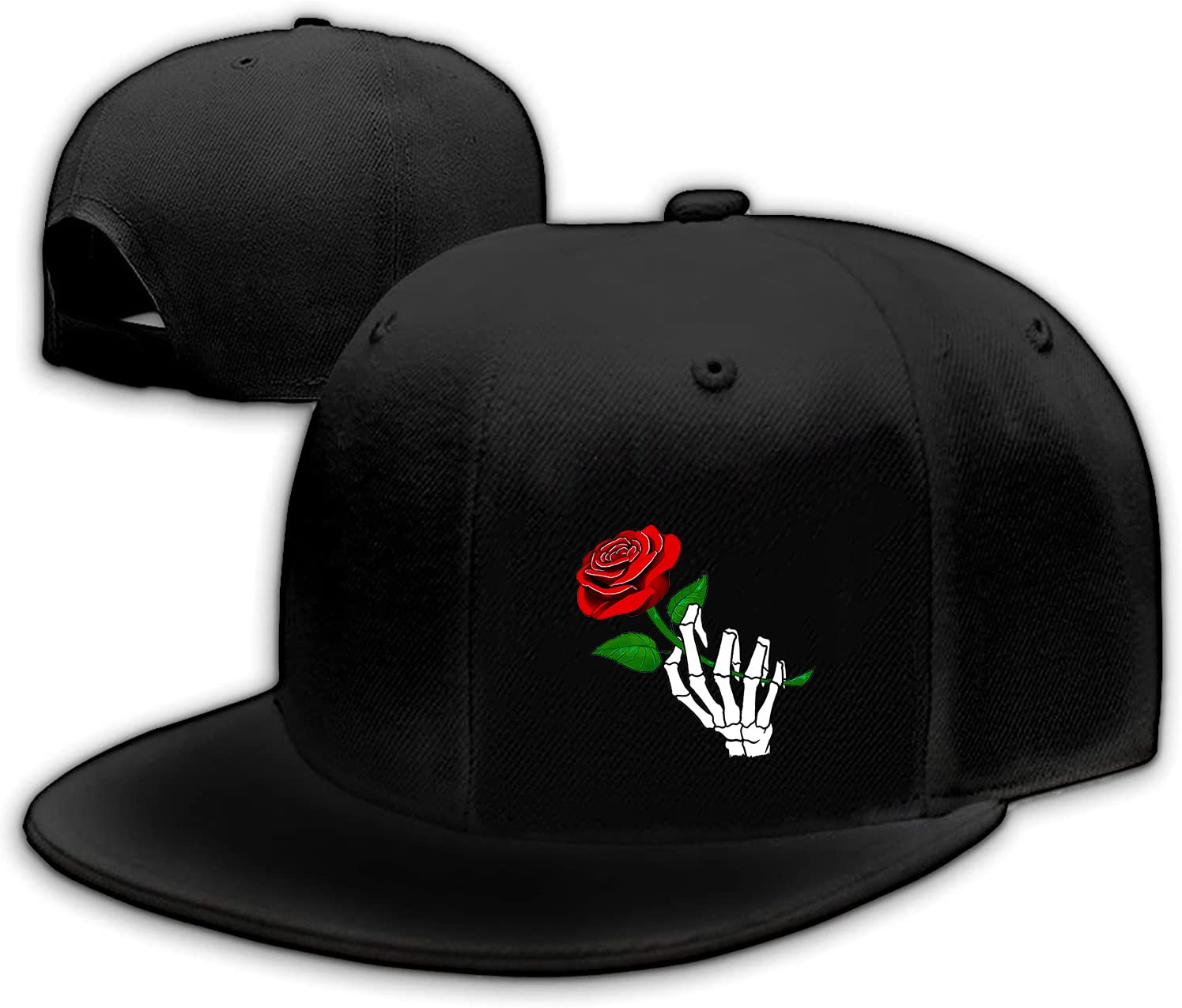 Tijeyi Flat Bill Brim Hats for Men Baseball Cap Black Snapback Hat for Women Fitted Skull Decor Skeleton Hand Rose Flower