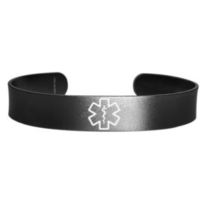 medical alert id bracelet cuff 14mm wide, 316l stainless steel - customize and personalize 8 lines with your conditions